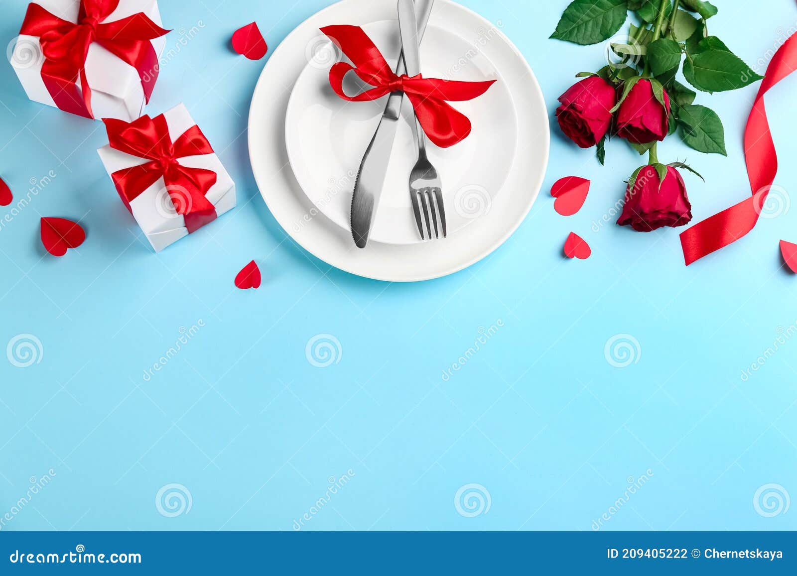 Beautiful Table Setting on Light Blue Background, Above View with Space ...