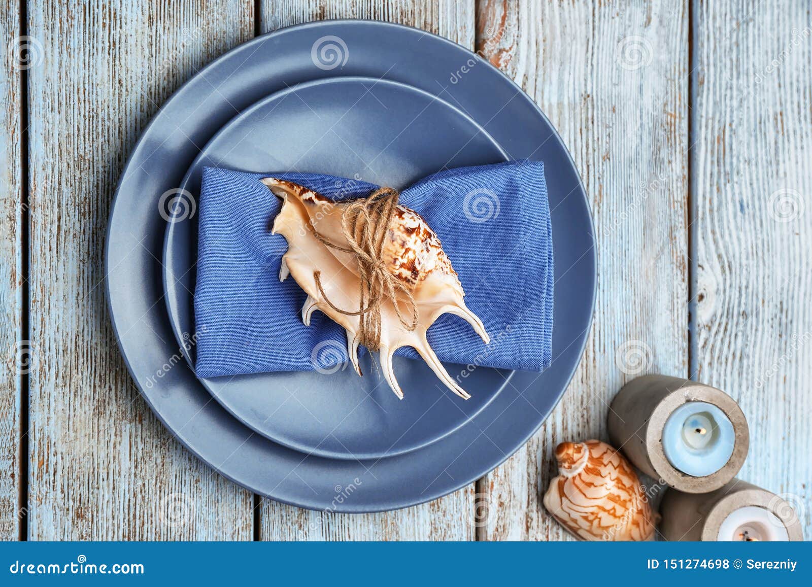 Beautiful Table Setting with Sea Shells on Wooden Background Stock ...