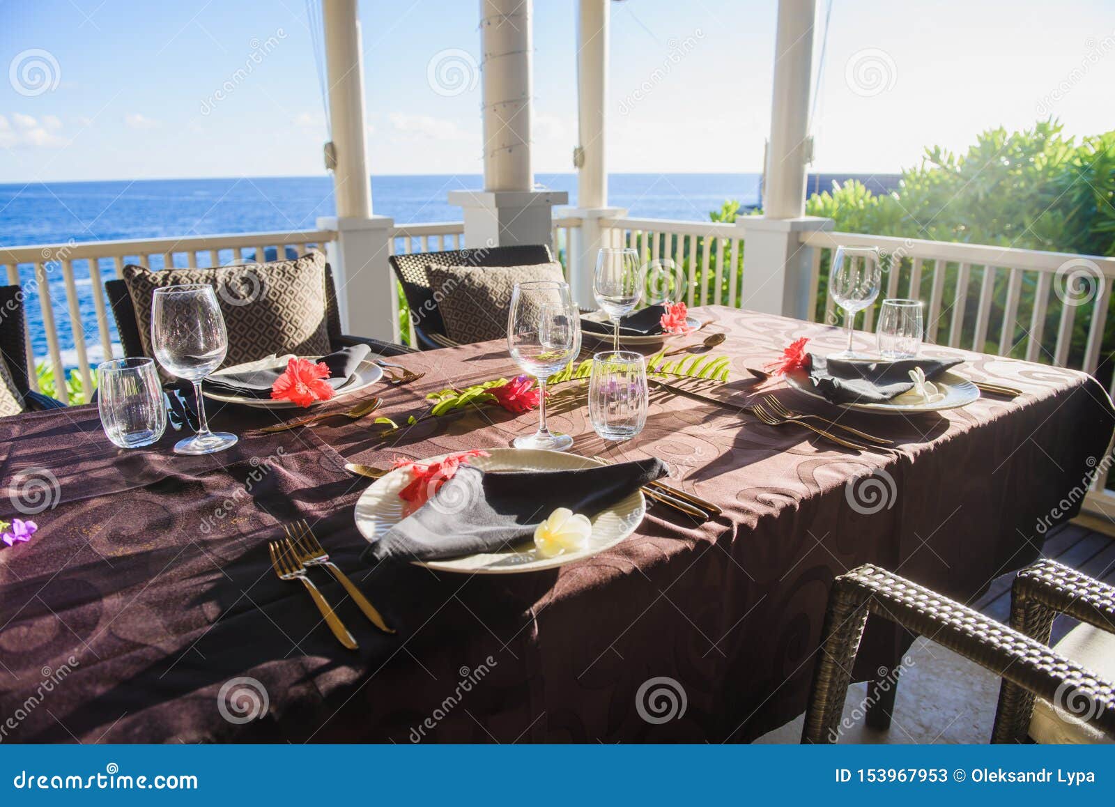 Beautiful Table Setting on Terrace Near Ocean Stock Image - Image of ...