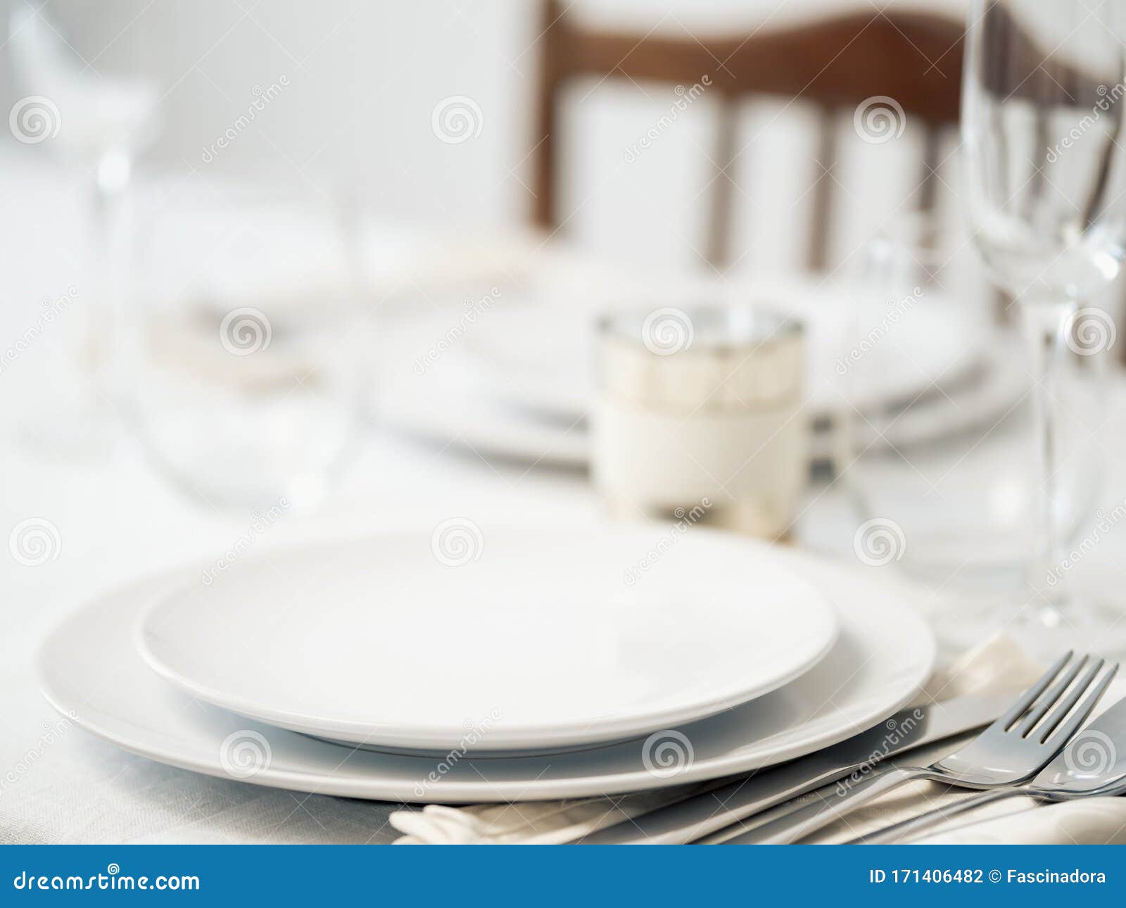 Beautiful Table Setting in White Colors Stock Photo - Image of glass ...
