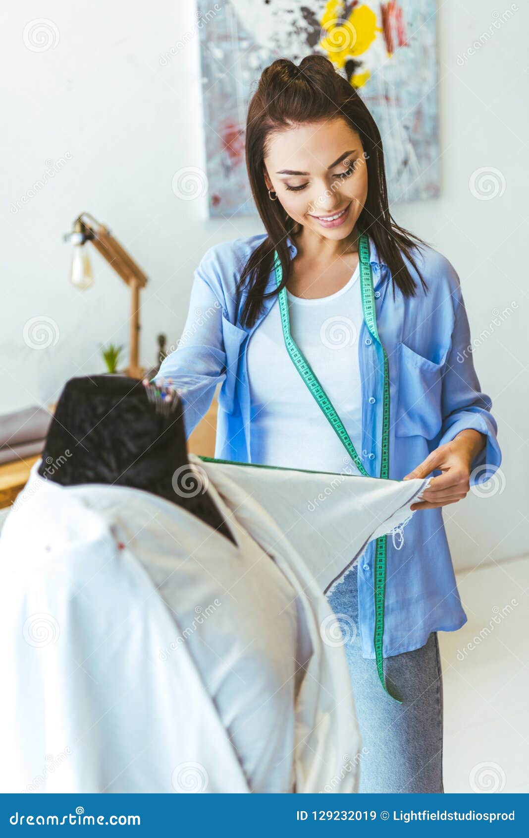 Beautiful Tailor Measuring Fabric for Dress Stock Image - Image of work ...