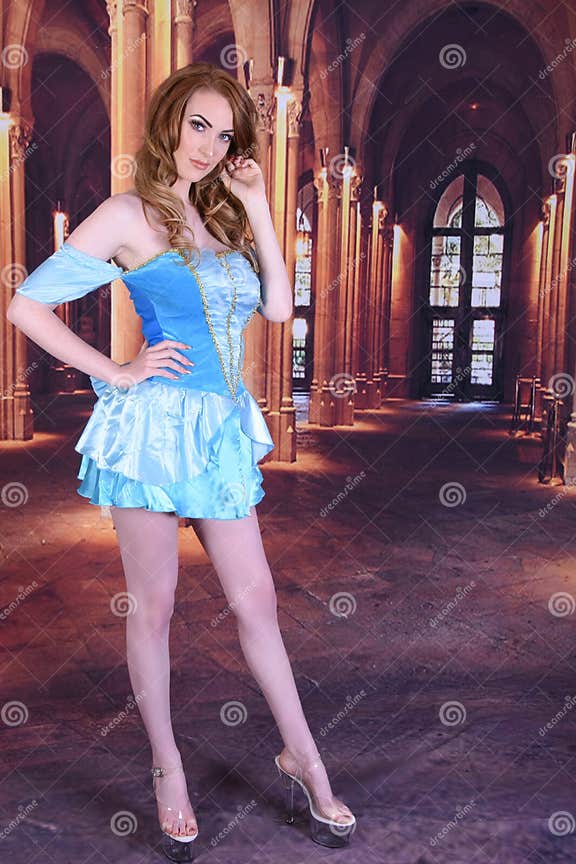 Beautiful Tall Slim Busty Redhead Model Dressed As Cinderella At The