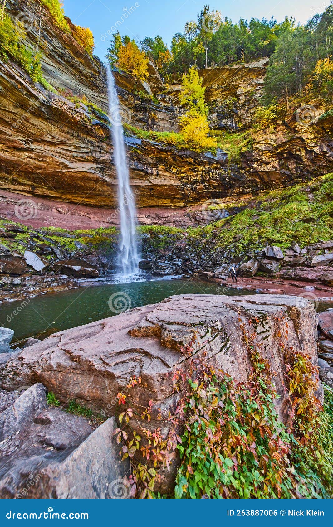 Beautiful Tall Waterfall Over Layered Cliffs Down To Waters and Large ...