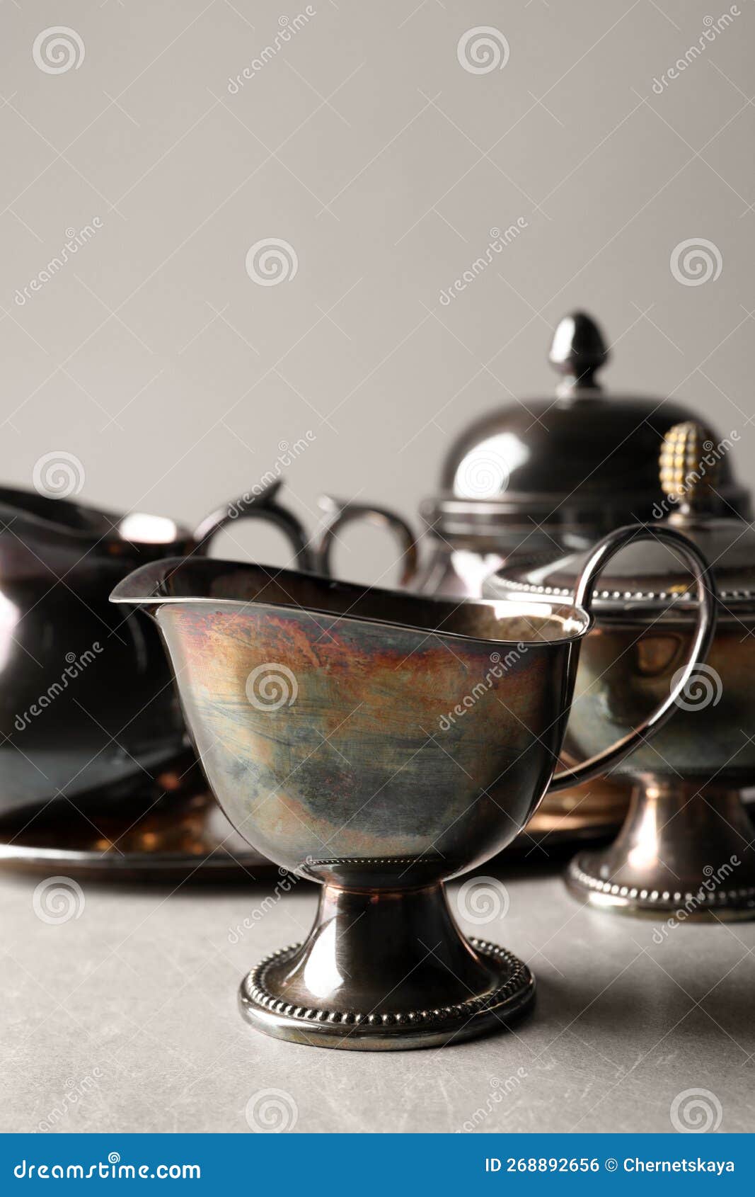 Beautiful Tea Set on Grey Textured Table, Closeup Stock Photo - Image ...