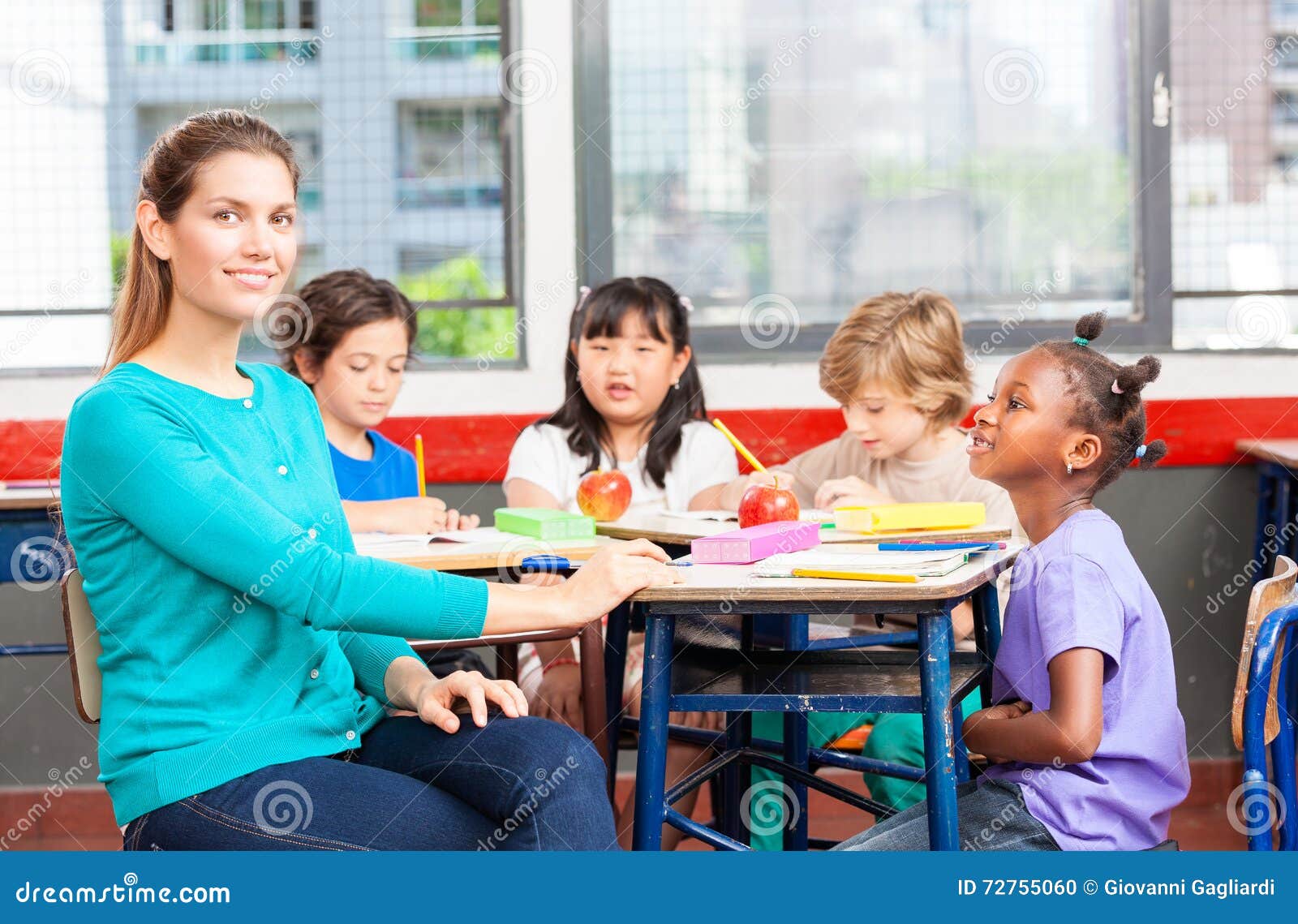 Beautiful Teacher with Mixed Race Classroom Stock Photo - Image of ...