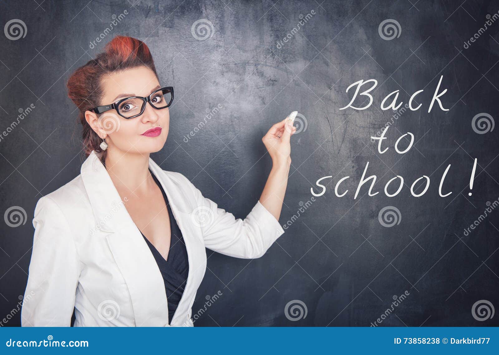 Beautiful Teacher with Piece of Chalk on Blackboard Background Stock ...