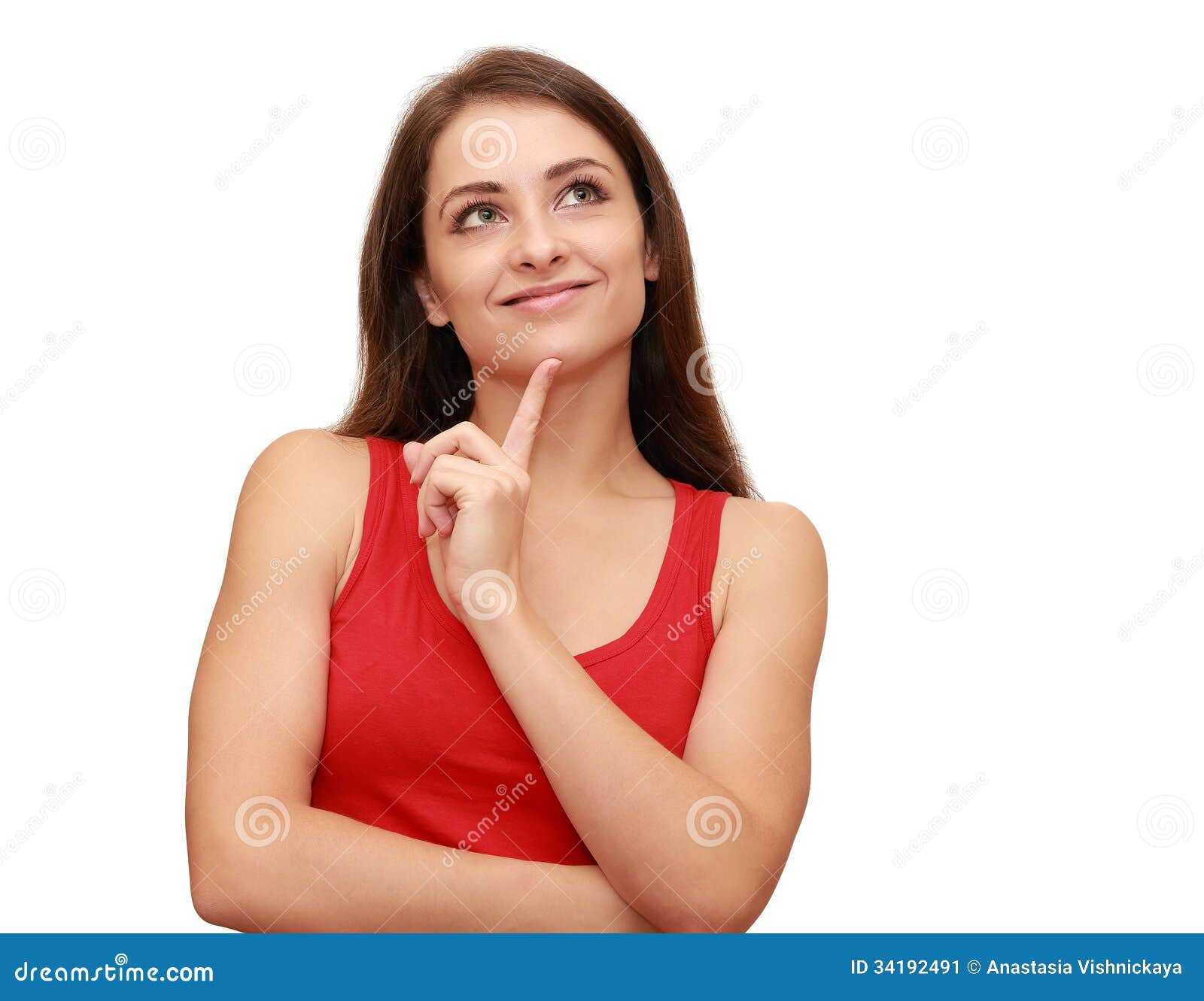 Beautiful Thinking Girl Looking Up Stock Image - Image of hand, lady ...