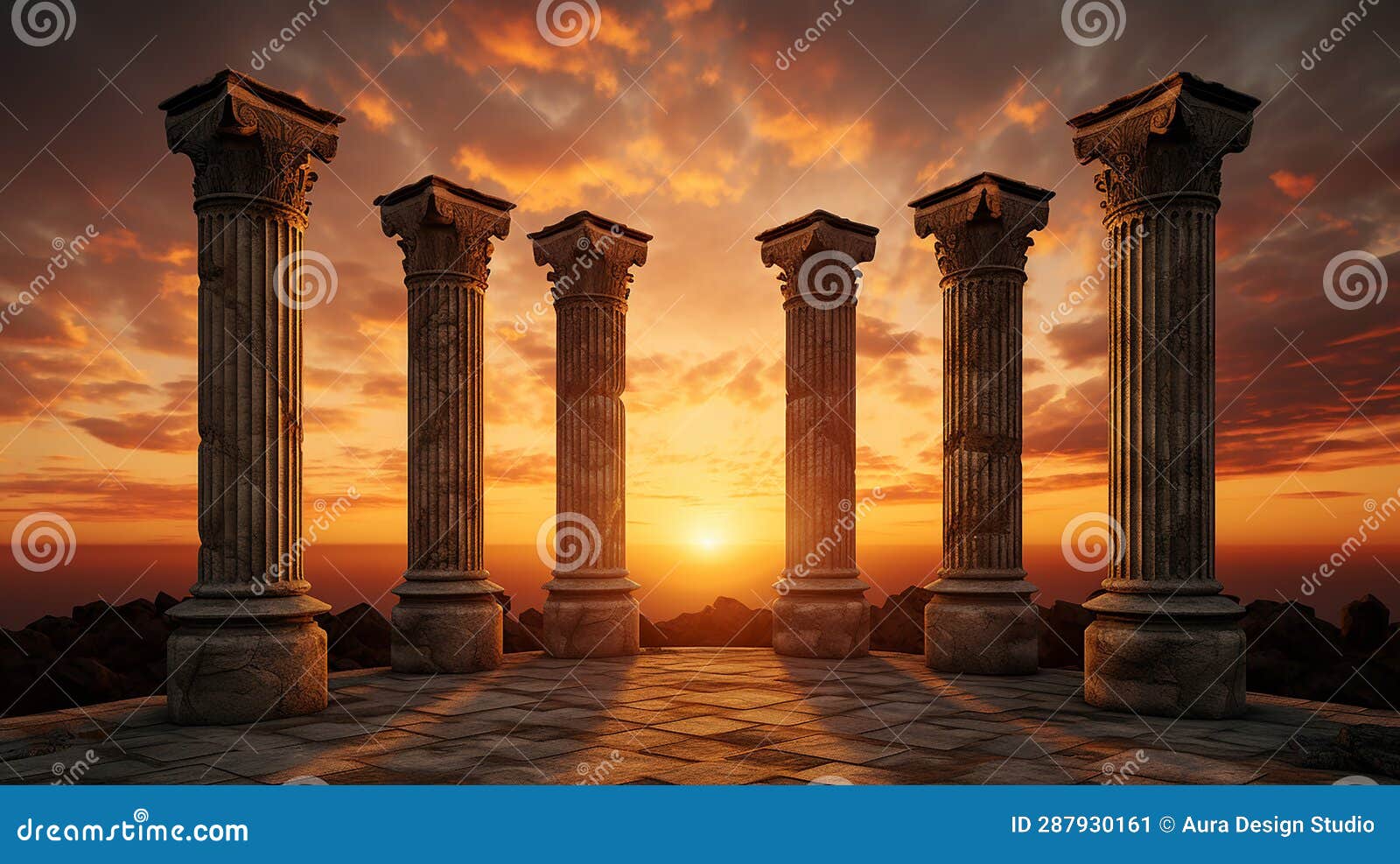Three Ancient Pillars With Sunset Sky Background Stock Photography ...
