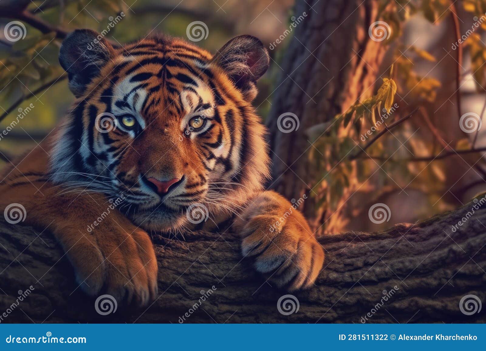 Beautiful Tiger Rest on a Tree Branch Extreme Closeup. Generative AI ...