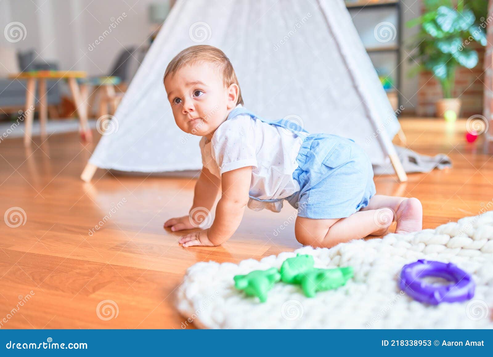 Beautiful Toddler Crawling at Kindergarten Stock Image - Image of ...