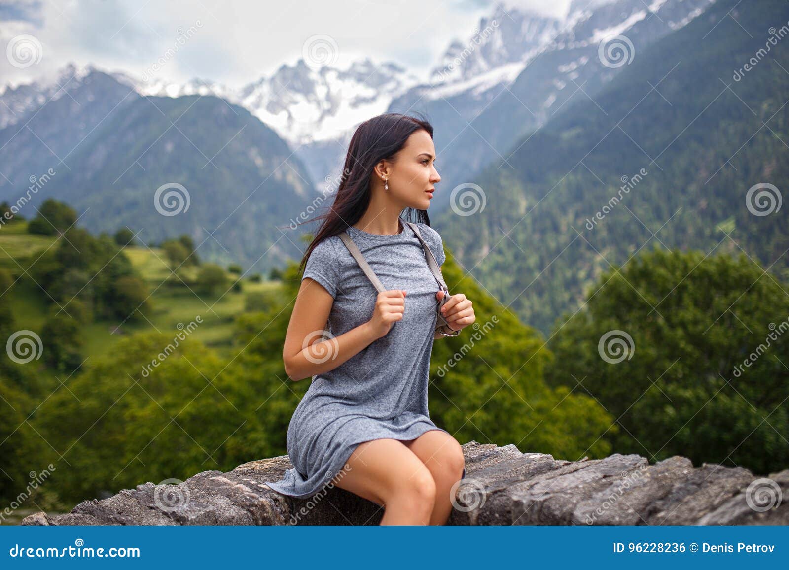 Beautiful Tourist Girl with Backpack at Mountains Stock Photo - Image ...