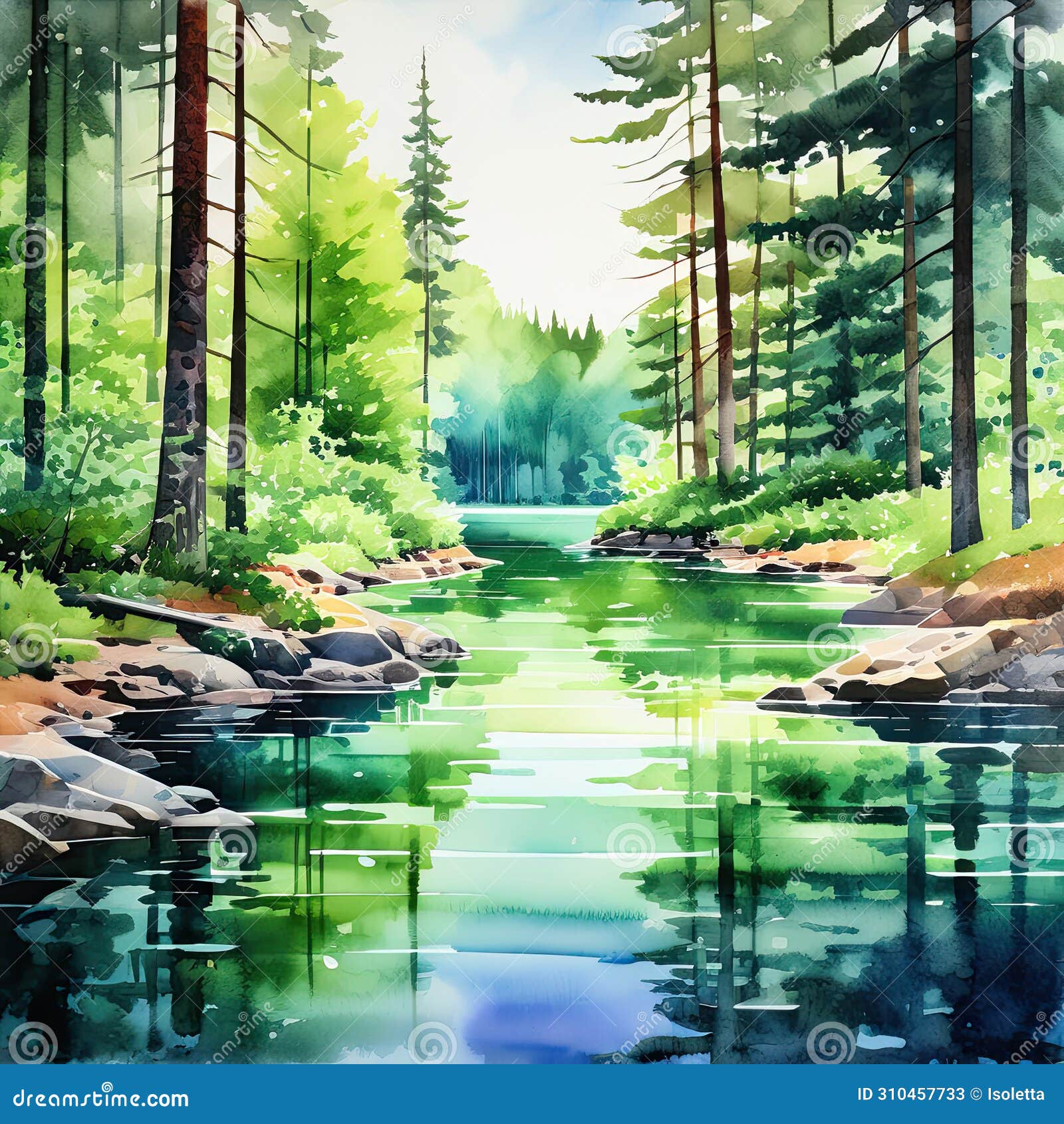 Beautiful Tranquil Landscape Watercolor Illustration Stock Image ...