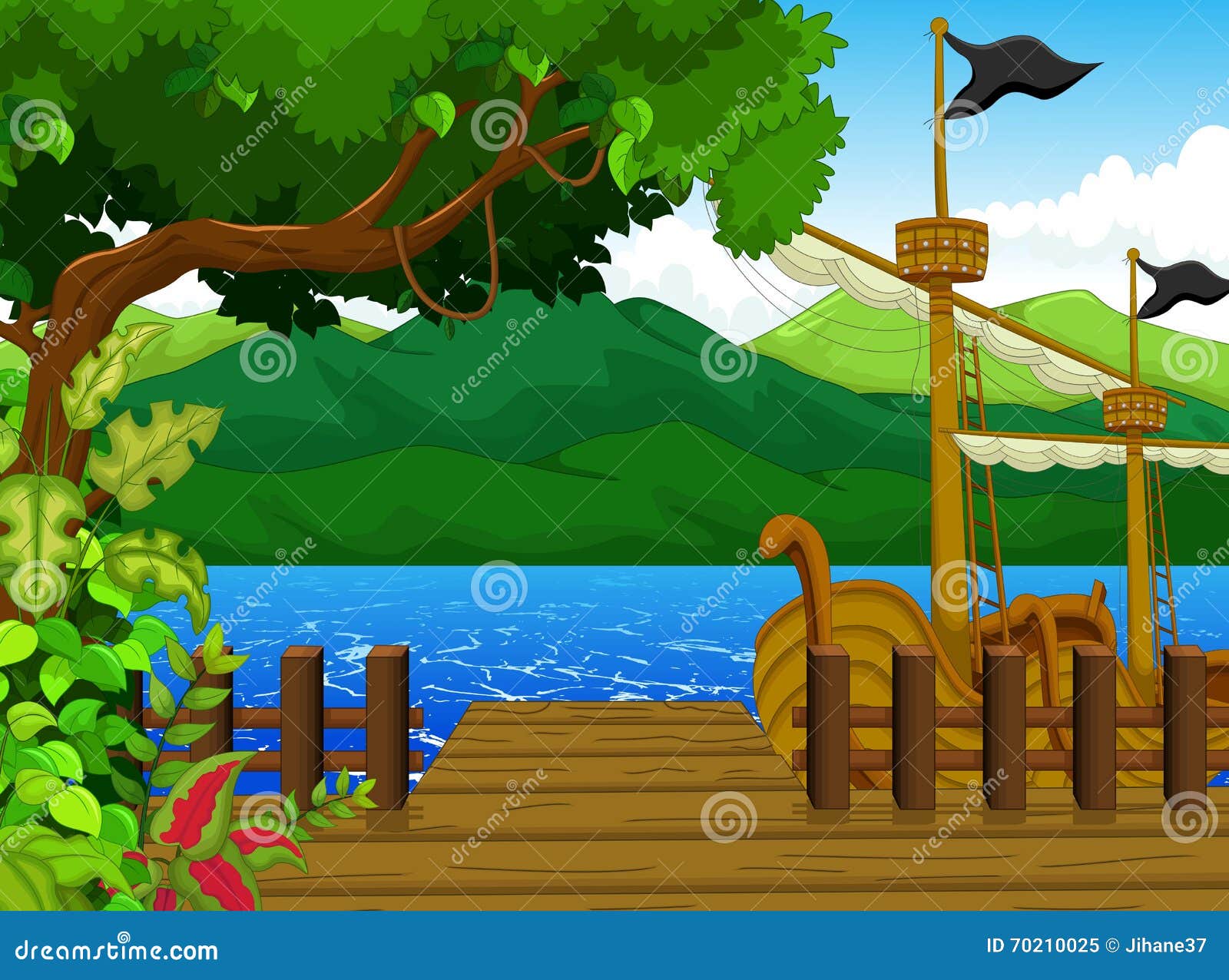 Dock On Mountain Lake Cartoon Vector | CartoonDealer.com #97372679
