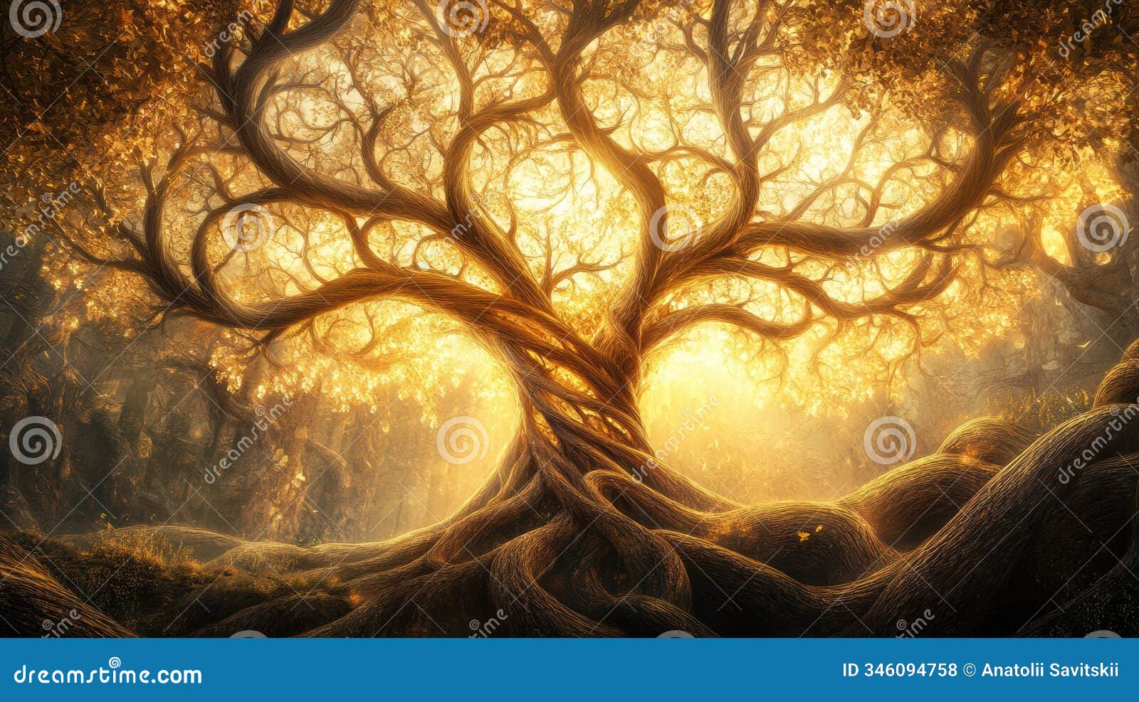 The Beautiful Tree of Life Displays Complex Branches and Roots Glowing ...
