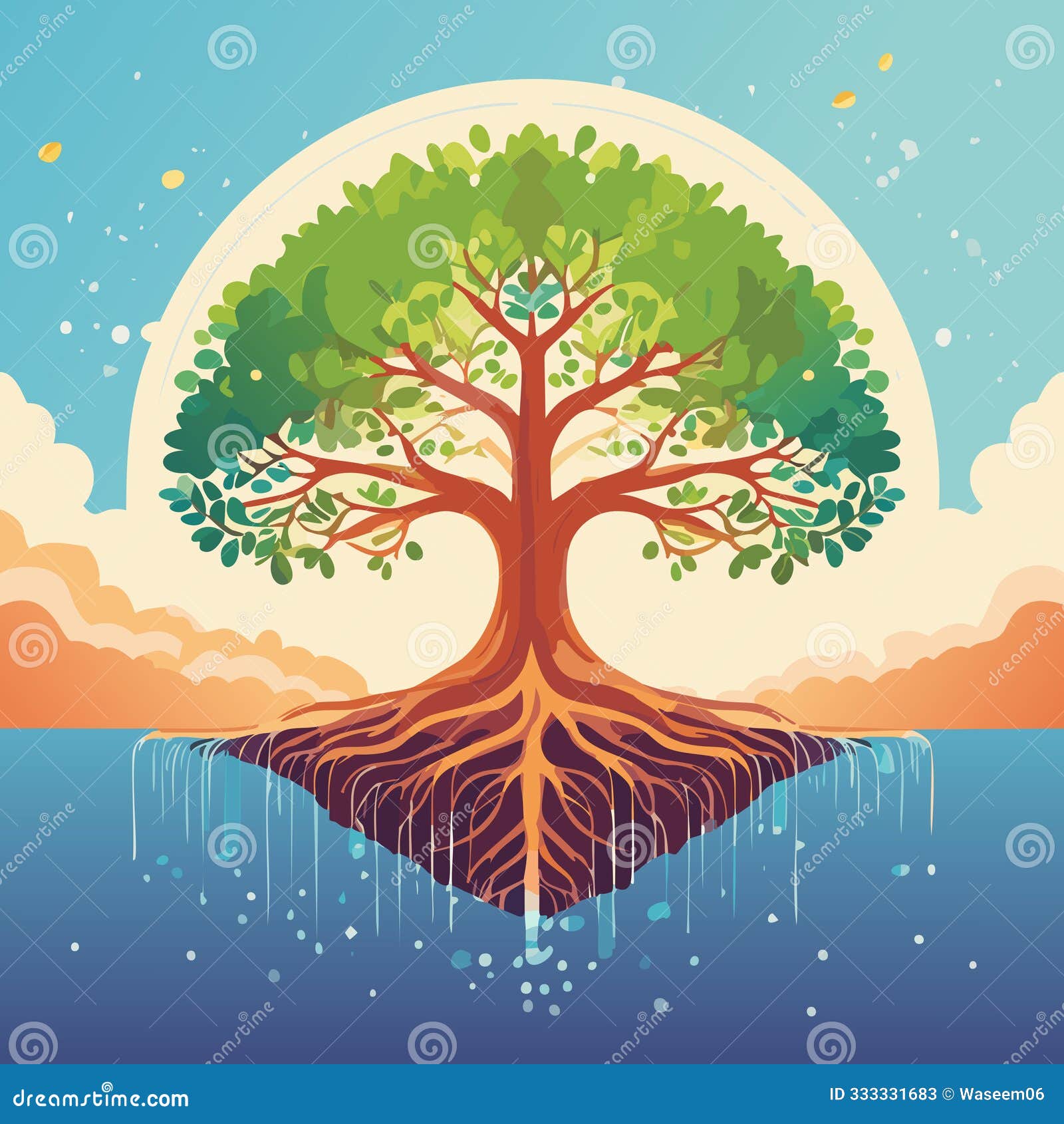 Beautiful Tree with Roots Reaching Water and Branches Reaching Sky ...