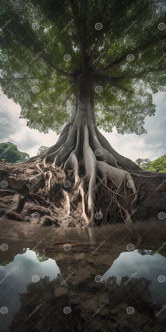 Beautiful Tree with Roots Reflected in the Lake. Toned Stock ...