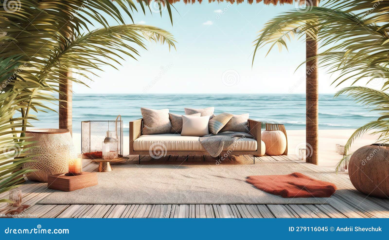 Beautiful Tropical Beach with Palm Trees and a Sofa. Chill Zone Stock ...