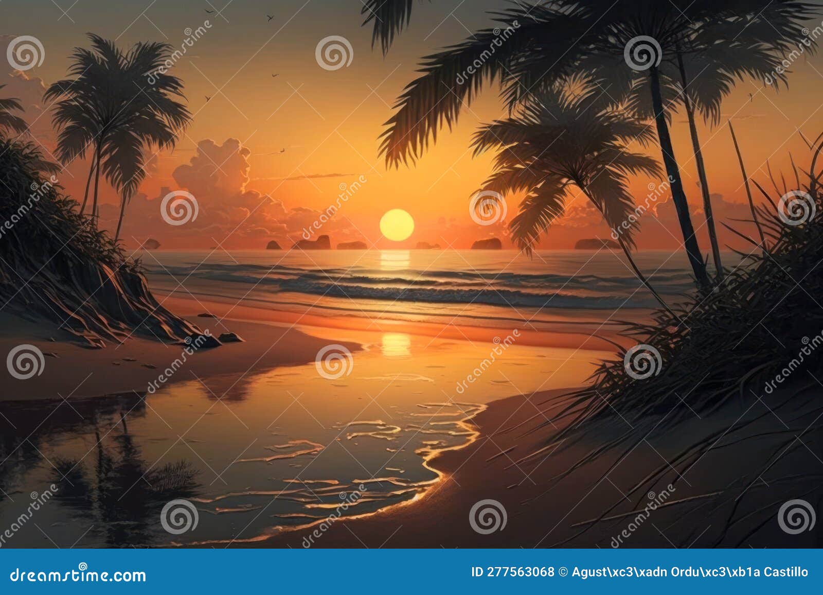 Beautiful Tropical Beach At Sunset With Palm Trees And Orange Sky For