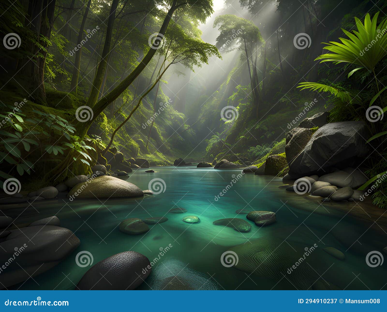 Beautiful Tropical Forest, River Flow, Green Trees and Forest Stock ...