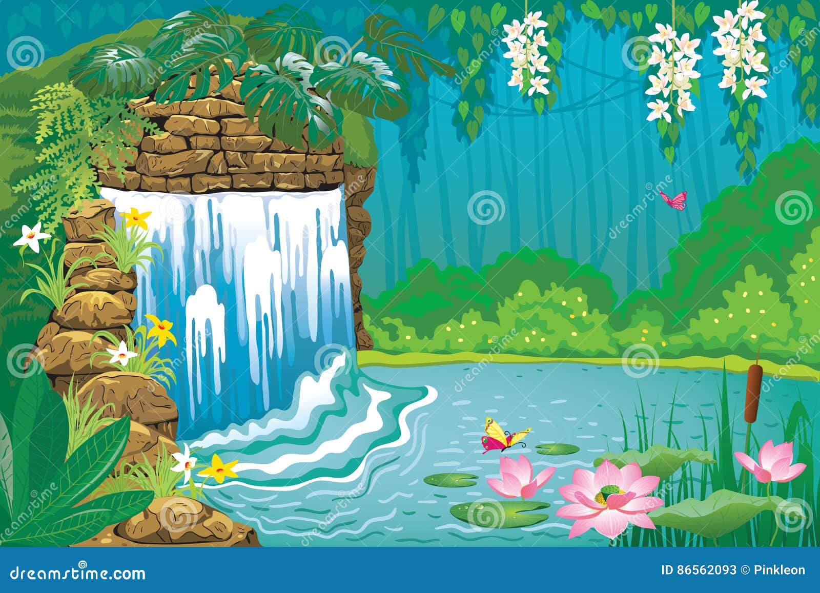 Beautiful Tropical Landscape with a Waterfall Stock Illustration ...