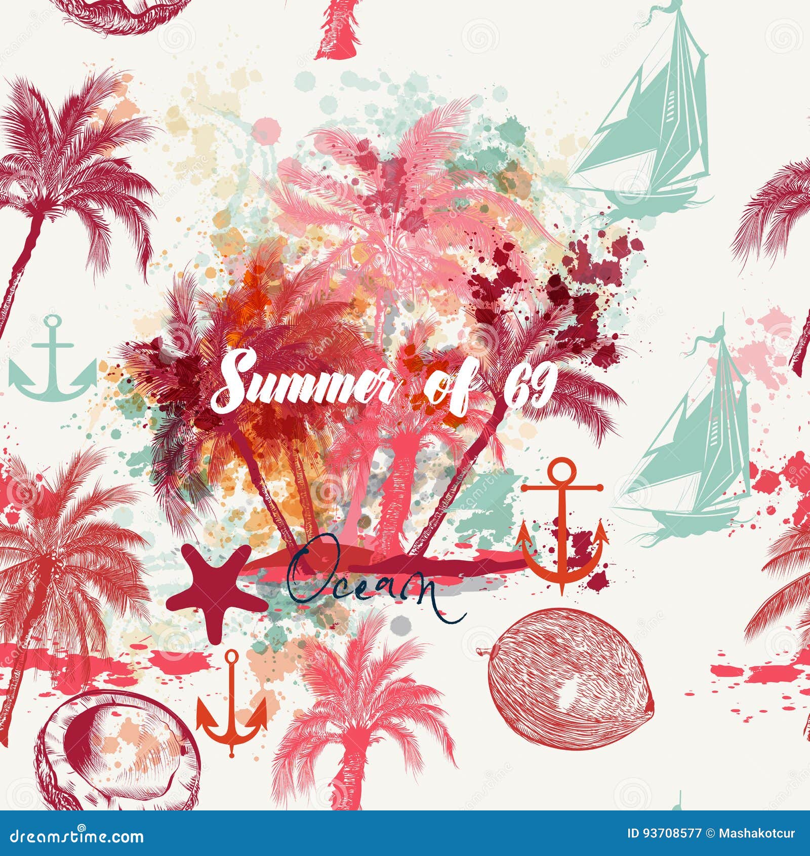 Beautiful Tropical Vacation Pattern with Pink Palms and Grunges. Stock ...