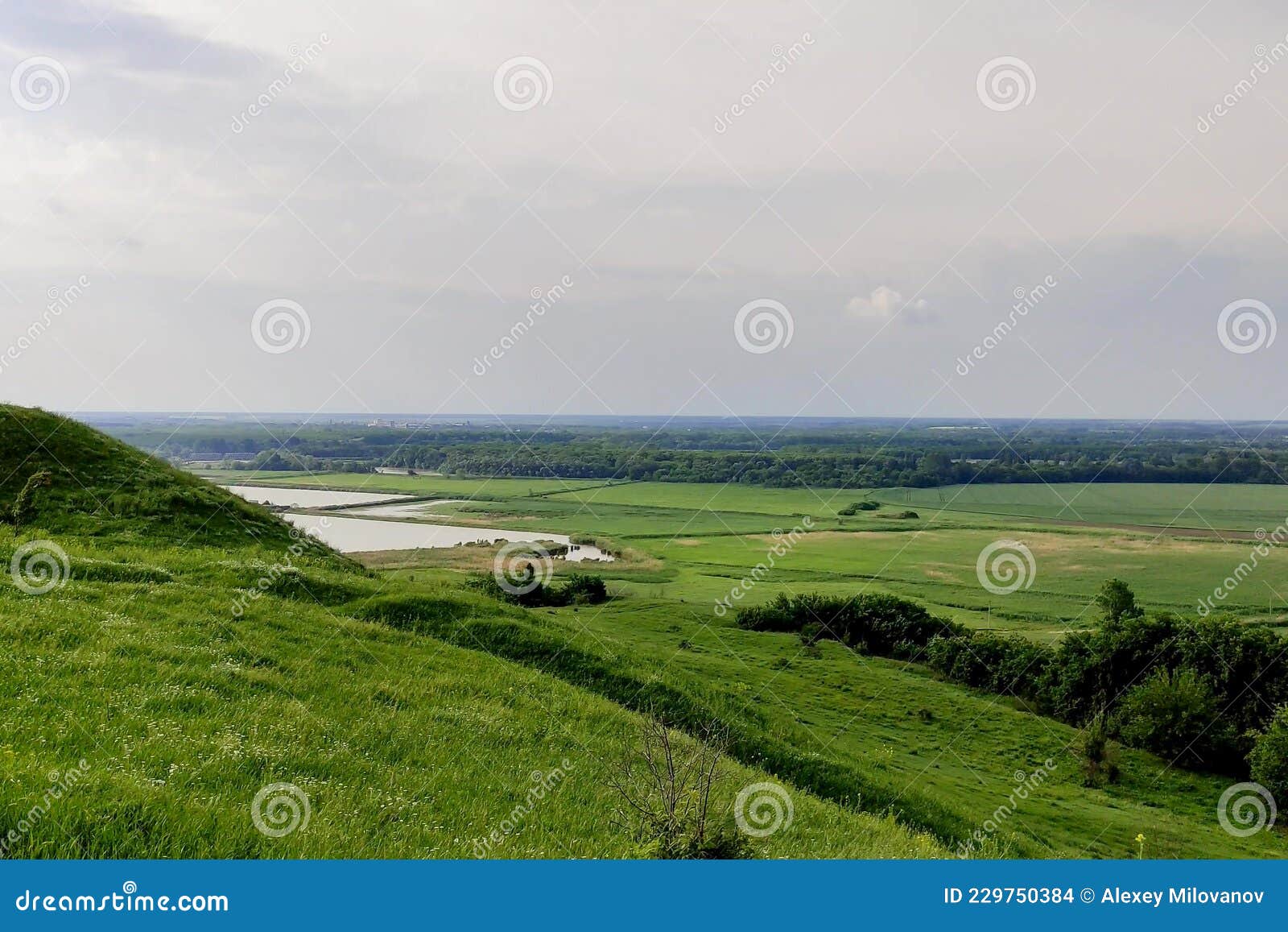 Beautiful Valley with Fields, Trees, Clouds in the Sky, View Fro Stock ...