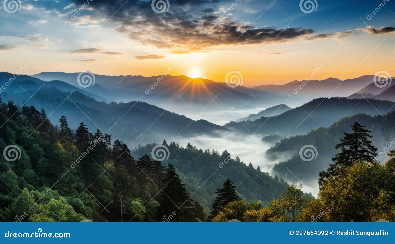 Beautiful Valley with Forest in the Fog at Sunset Stock Illustration ...