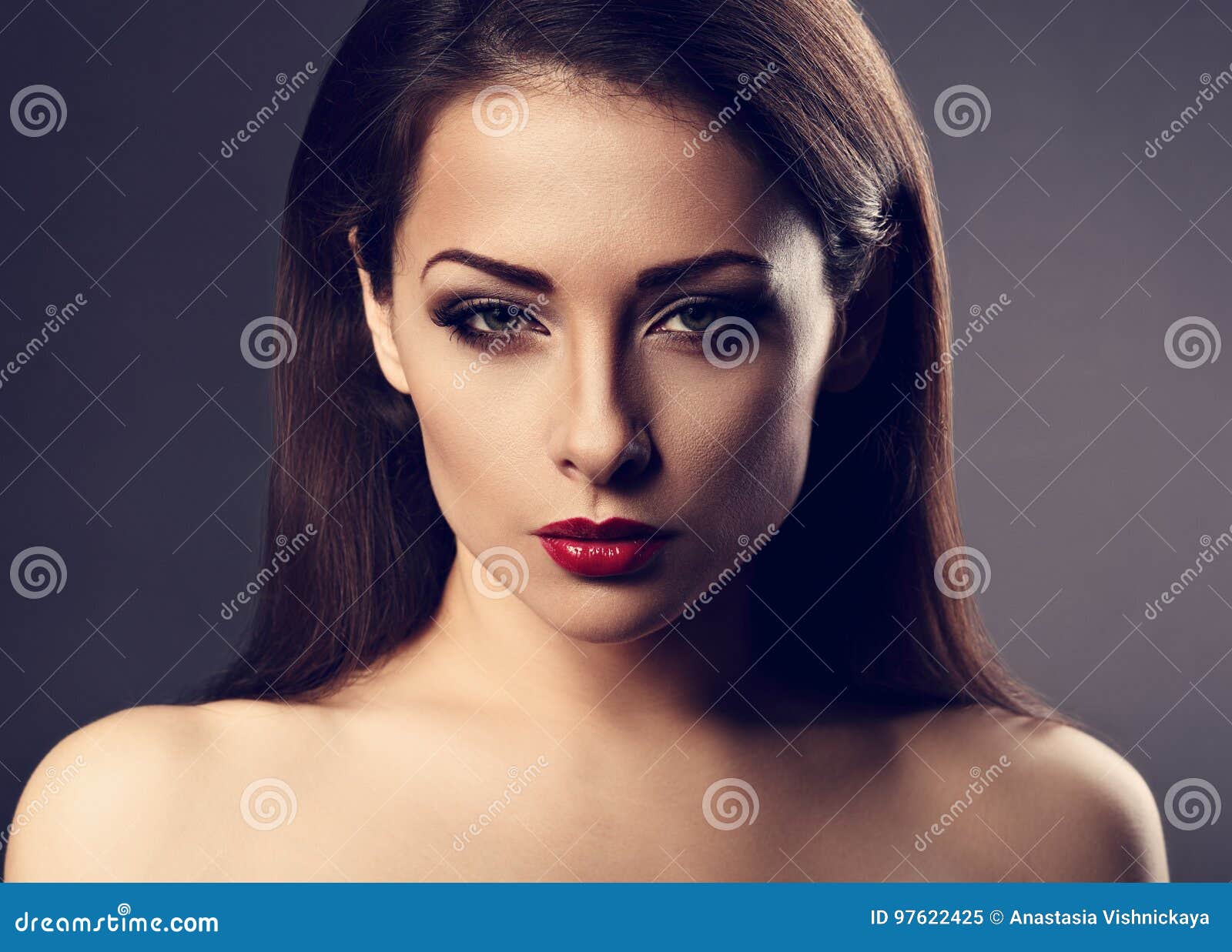Beautiful Vamp Makeup Woman With Hot Red Lipstick And Long Stock Image