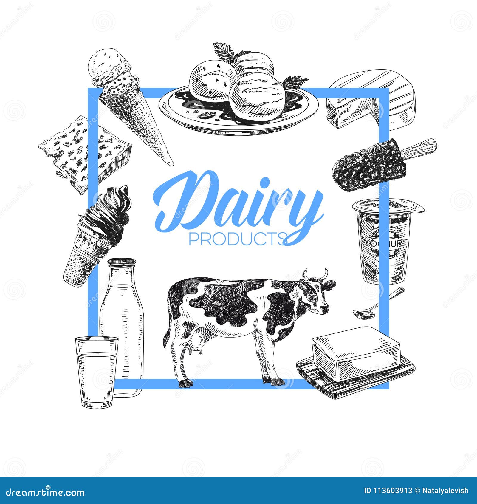Beautiful Vector Hand Drawn Dairy Products Illustration Stock Vector