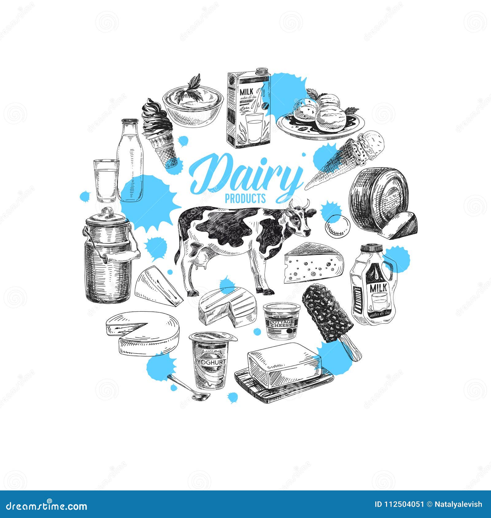 Beautiful Vector Hand Drawn Dairy Products Illustration Stock Vector