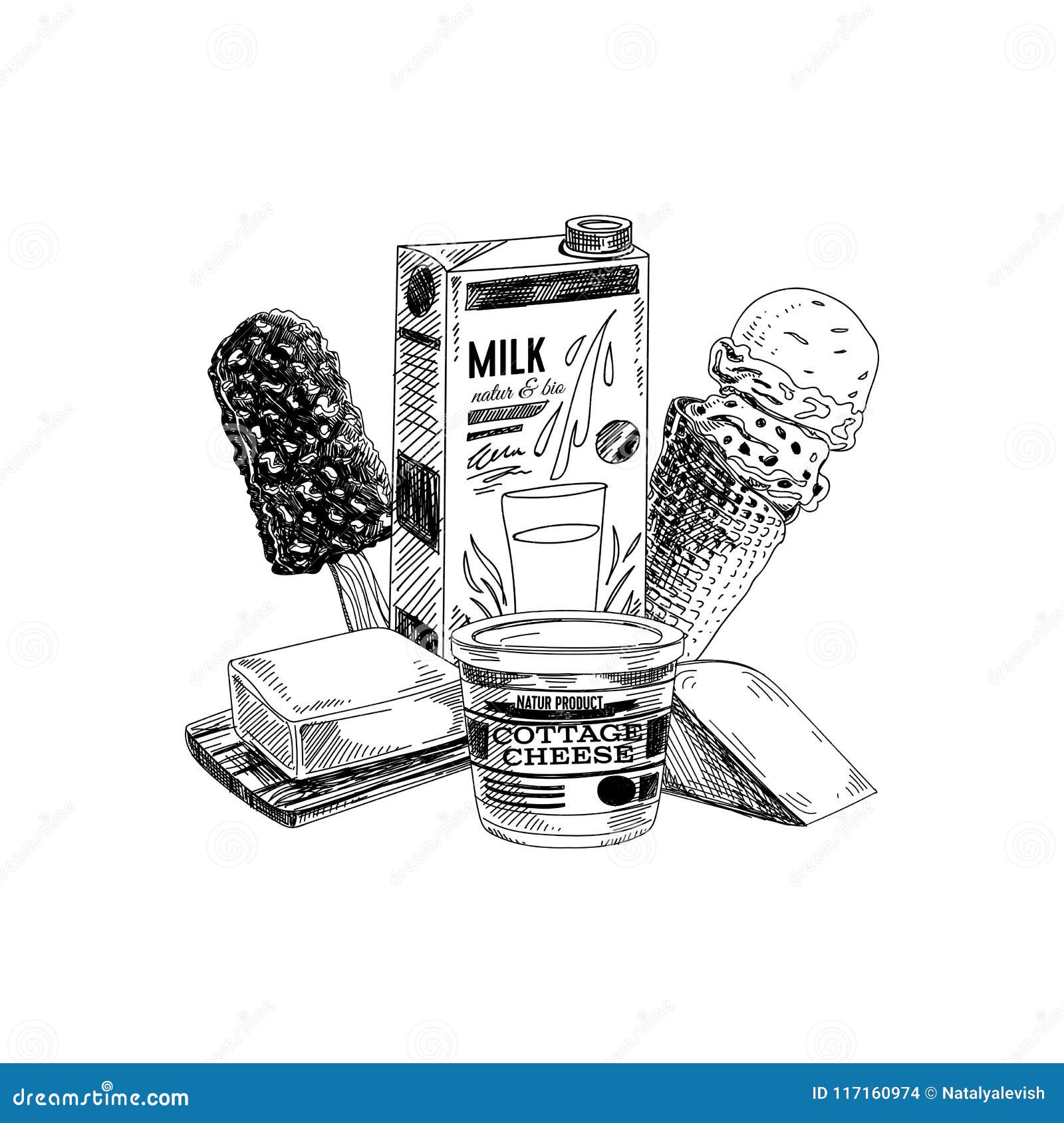 Beautiful Vector Hand Drawn Dairy Products Illustration Stock Vector