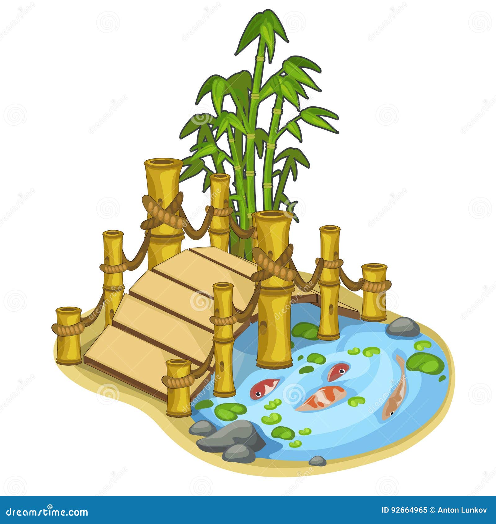Beautiful Vector Lake with Fish and Bamboo Bridge Stock Vector ...