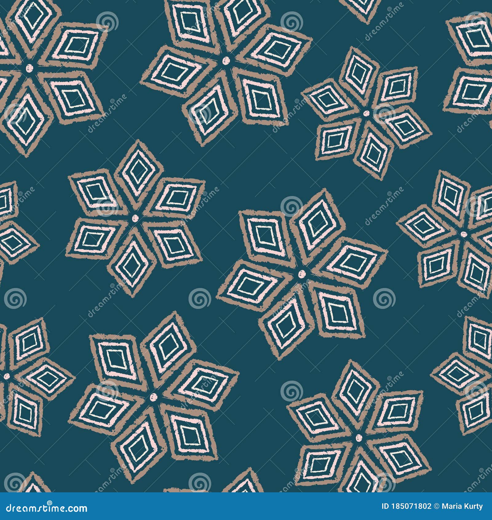 Beautiful Vector Pattern with Hand Drawn Diamond-shaped Flowers on Dark ...