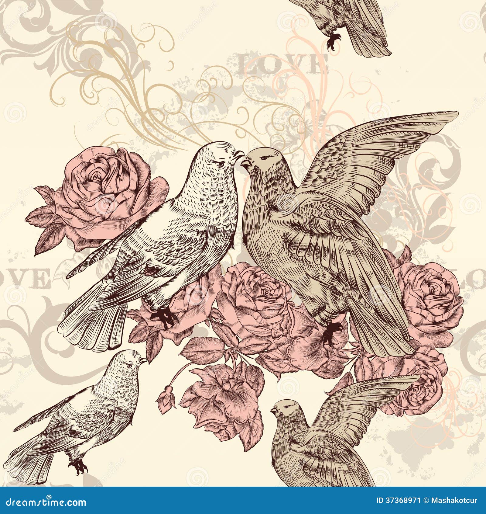 Beautiful Vector Seamless Floral Pattern with Roses and Birds Stock ...