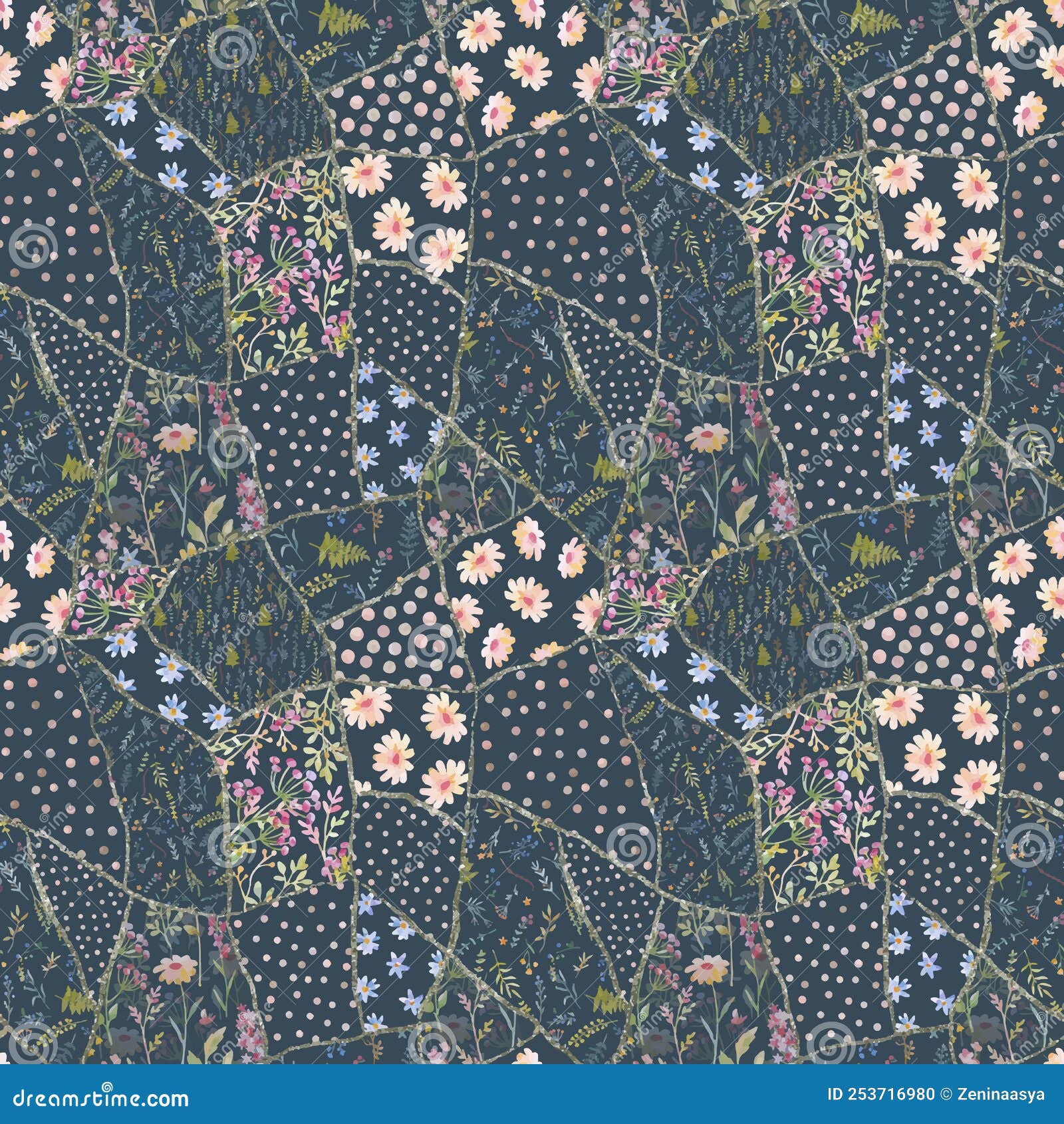 Beautiful Vector Seamless Patchwork Floral Pattern with Watercolor Hand ...