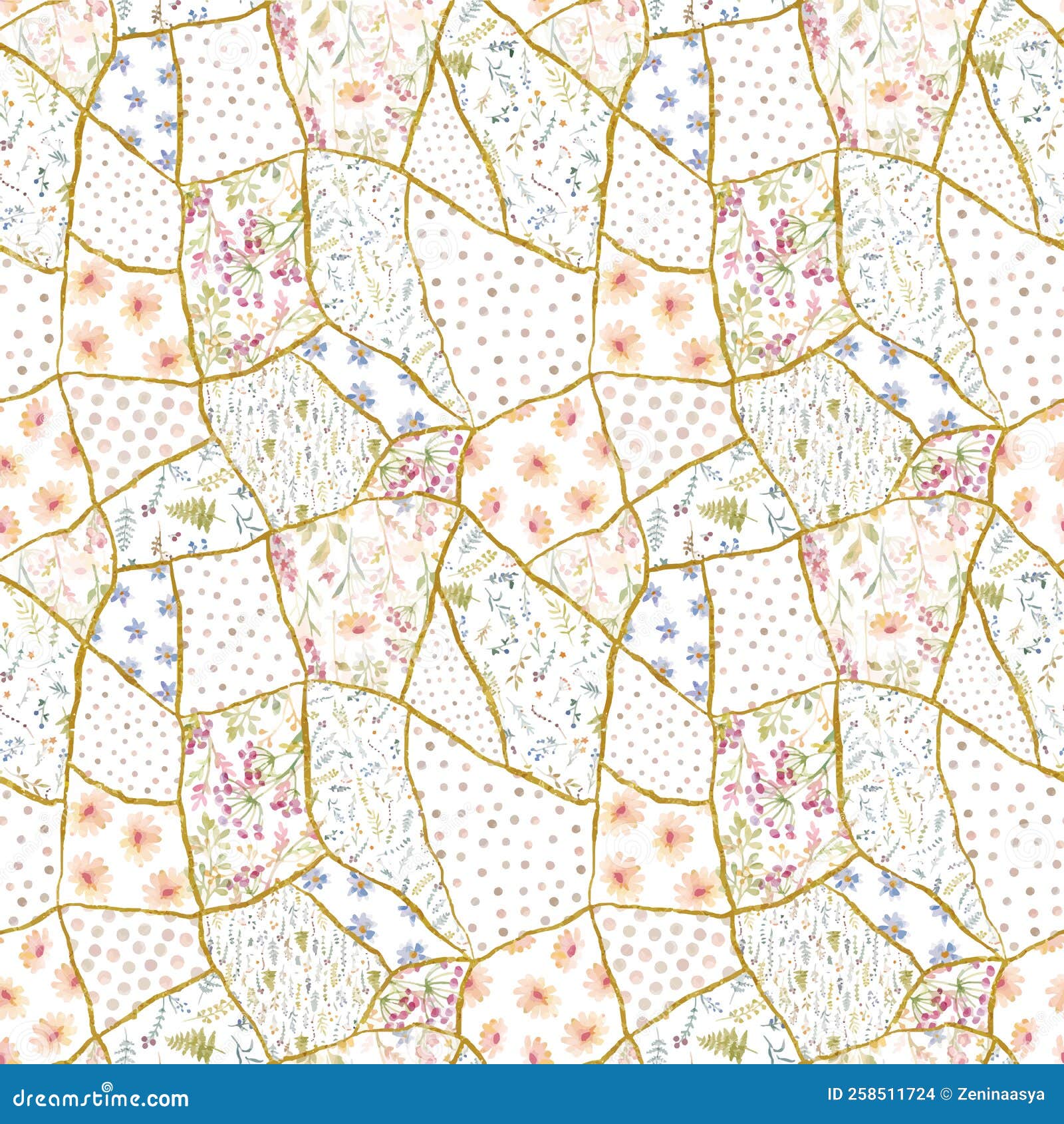 Beautiful Vector Seamless Patchwork Floral Pattern with Watercolor Hand ...