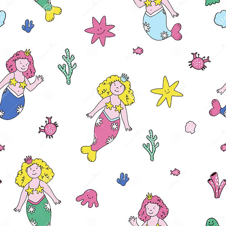 Beautiful Vector Seamless Pattern with Cute Hand Drawn Mermaids and Sea ... Beautiful Vector Seamless Pattern with Cute Hand Drawn Mermaids and Sea ...