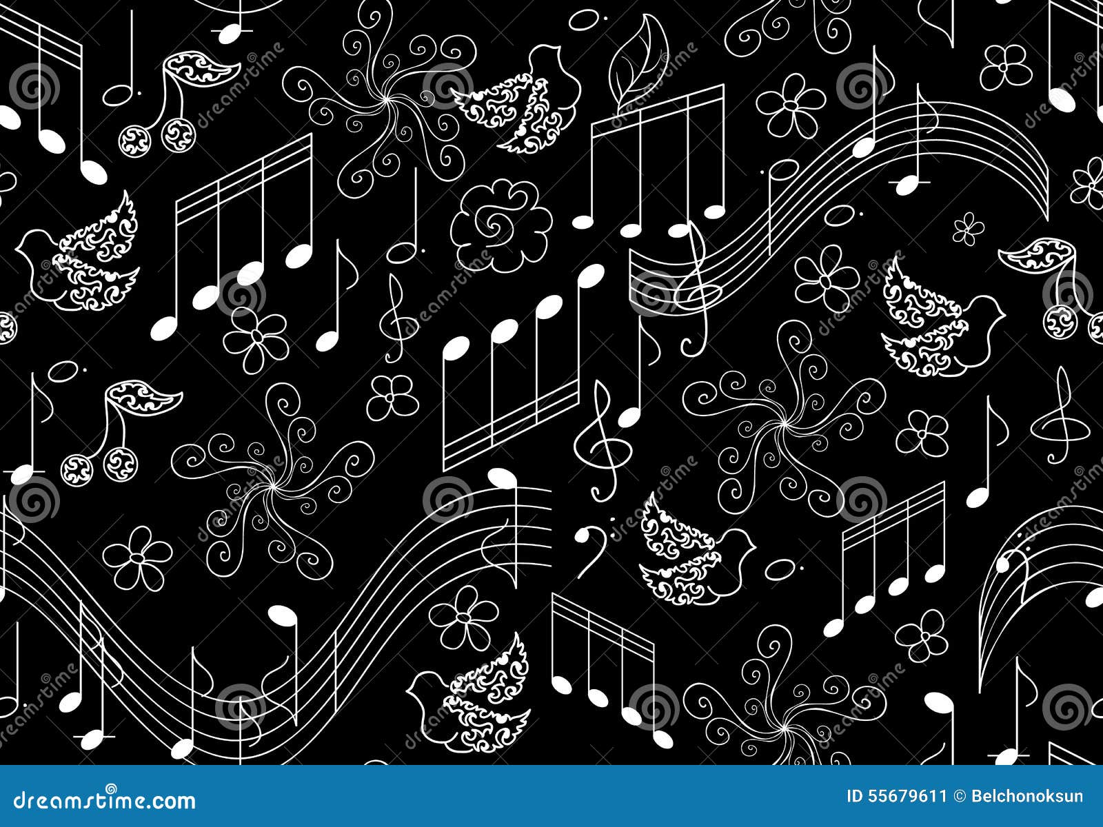 Beautiful Vector Seamless Pattern with Singing Birds and Musical Notes ...