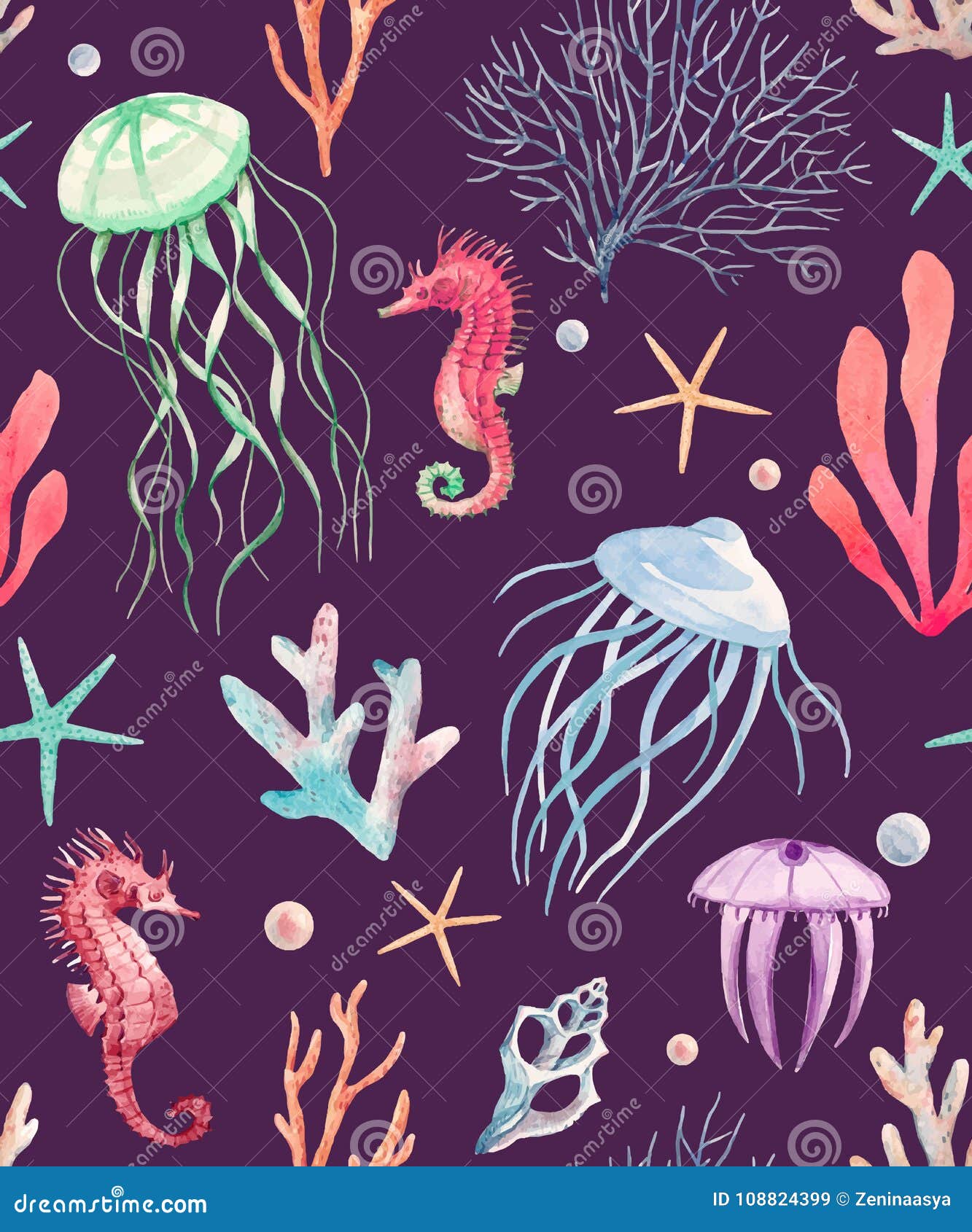 Watercolor Sea Life Vector Pattern Stock Vector - Illustration of print ...