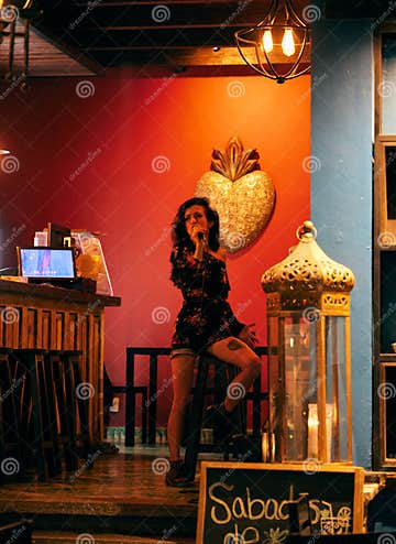 Beautiful Vertical Shot of a Female Singer in a Bar in San Cristobal ... Beautiful Vertical Shot of a Female Singer in a Bar in San Cristobal ...