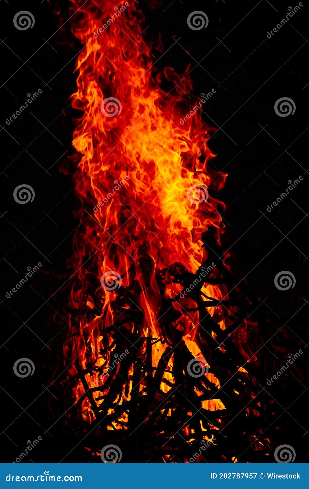 Beautiful Vertical Shot of a Large Burning Fire at Night Stock Image ...