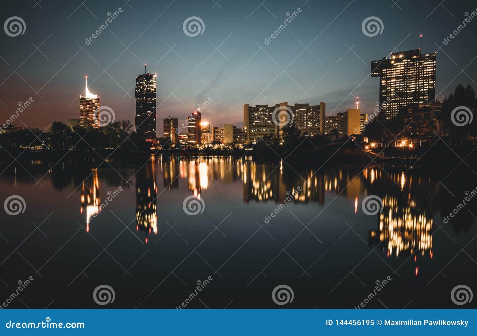 Beautiful Vienna Skyline on the Danube River at Night Stock Image ...
