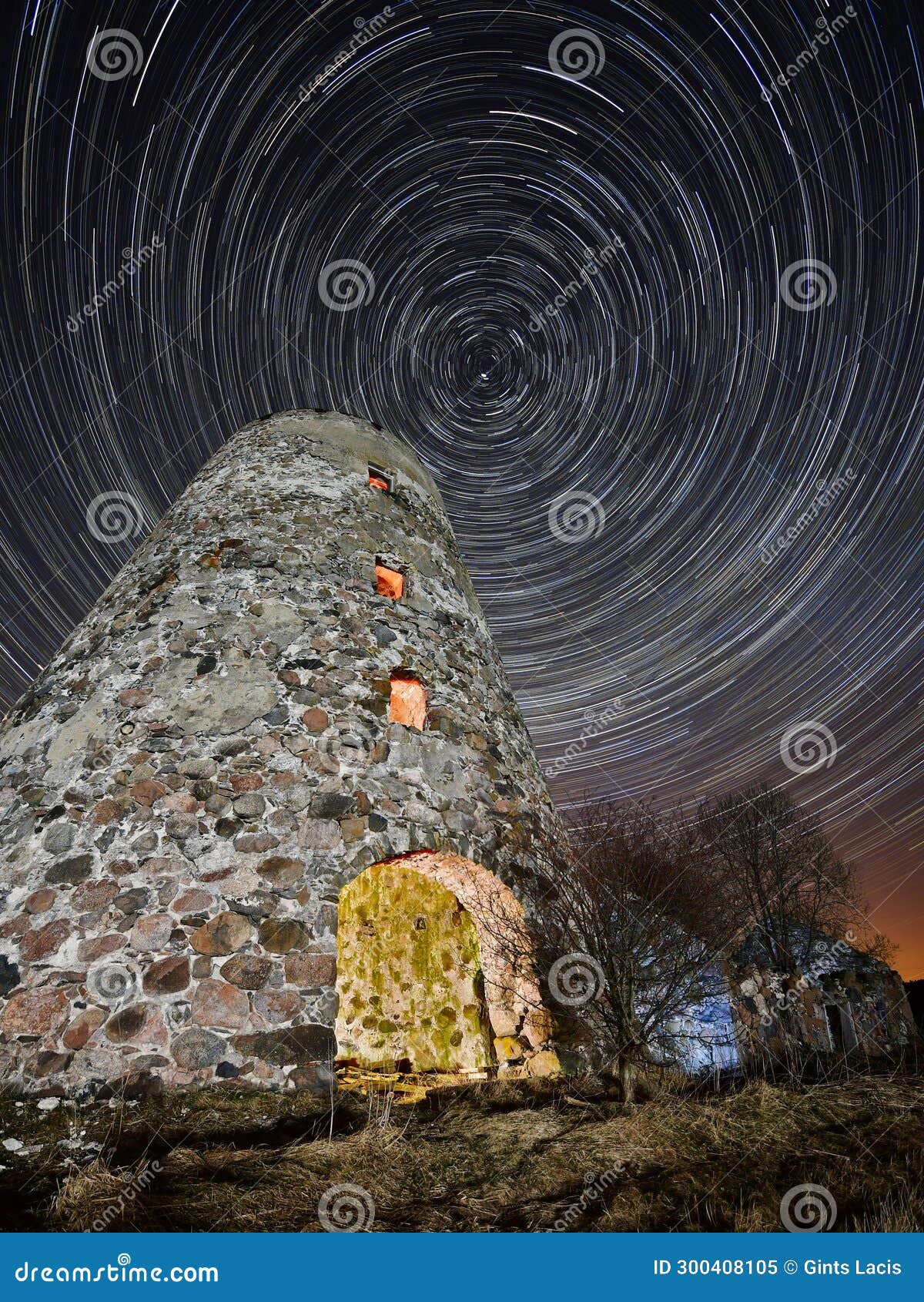Beautiful View of Ancient Windmills and Impressive Star Trails Stock ...
