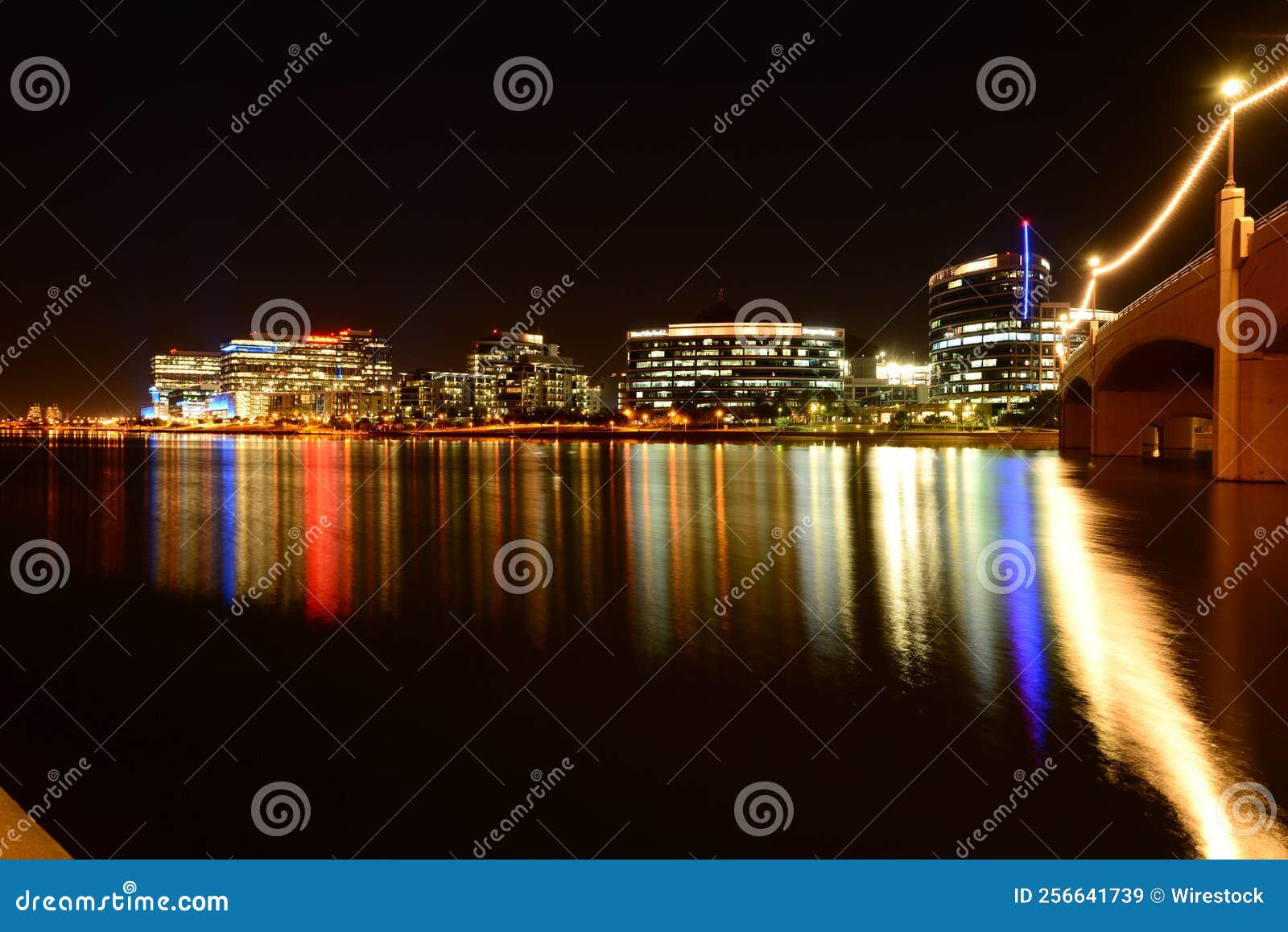 Beautiful View of a City and a Bridge at Night. Stock Image - Image of ...