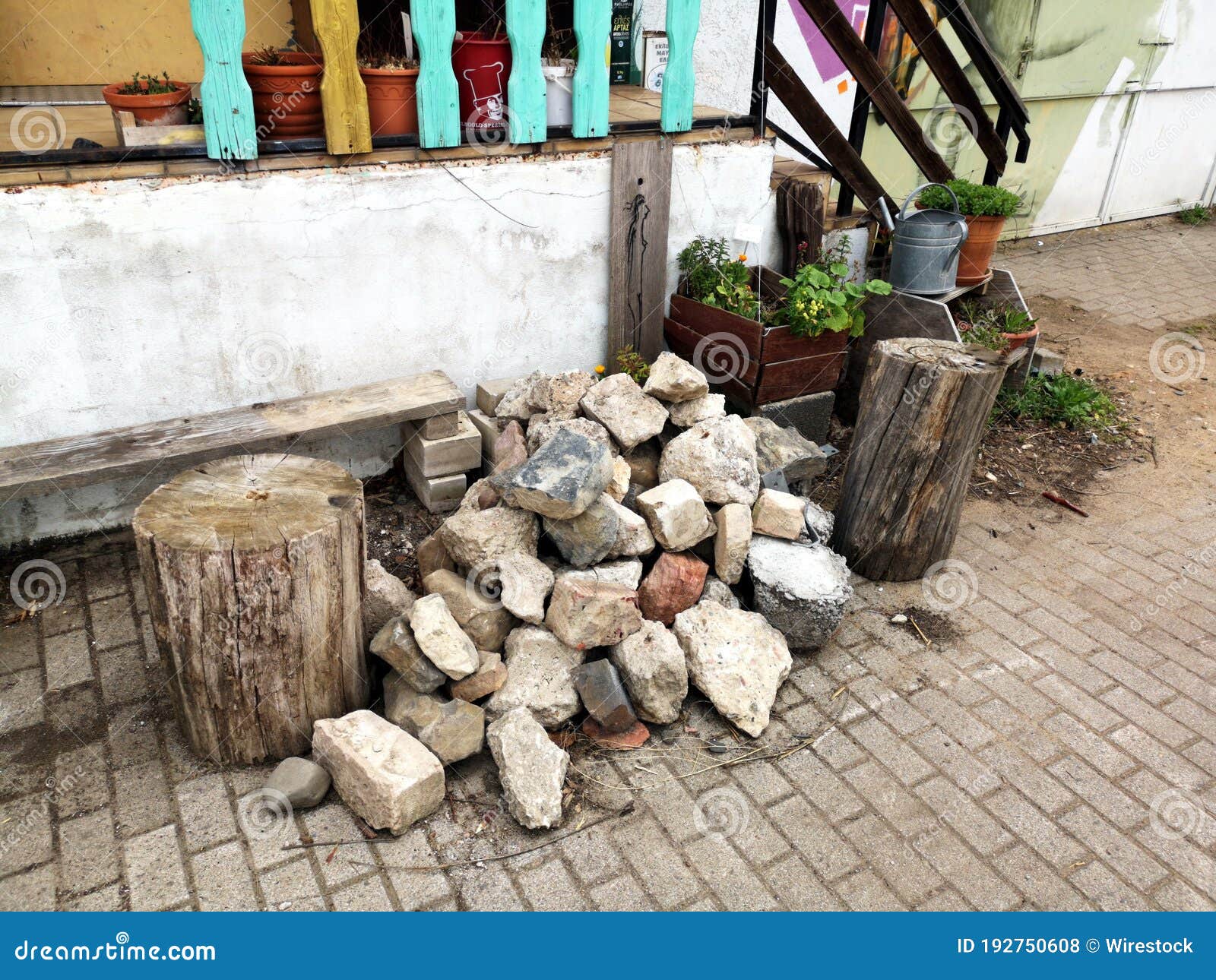 Beautiful View of Clutter with Green Plants in the Plant Boxes and Pots ...