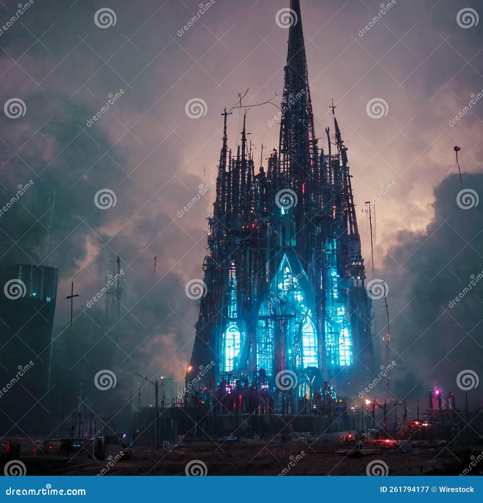 Beautiful View of a Cyberpunk Gothic Cathedral with a Blue Light Stock ...