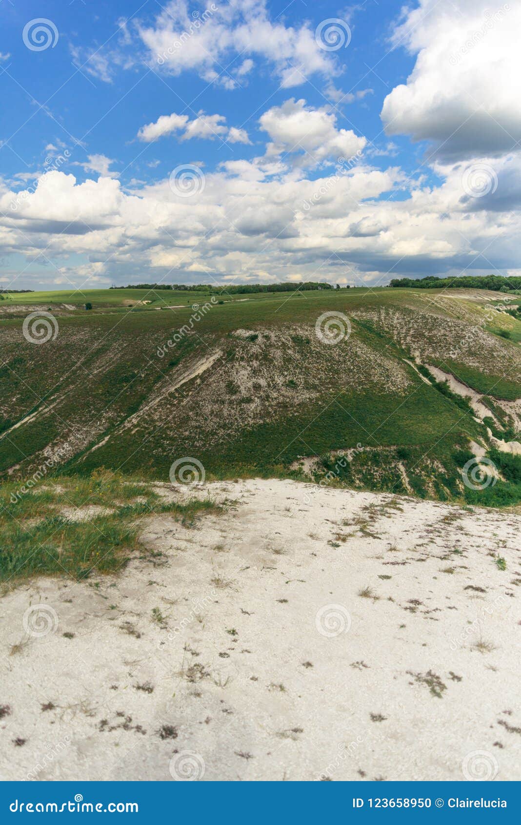 Beautiful View of Grassy Ravine on Sky Background with Clouds, Vertical ...