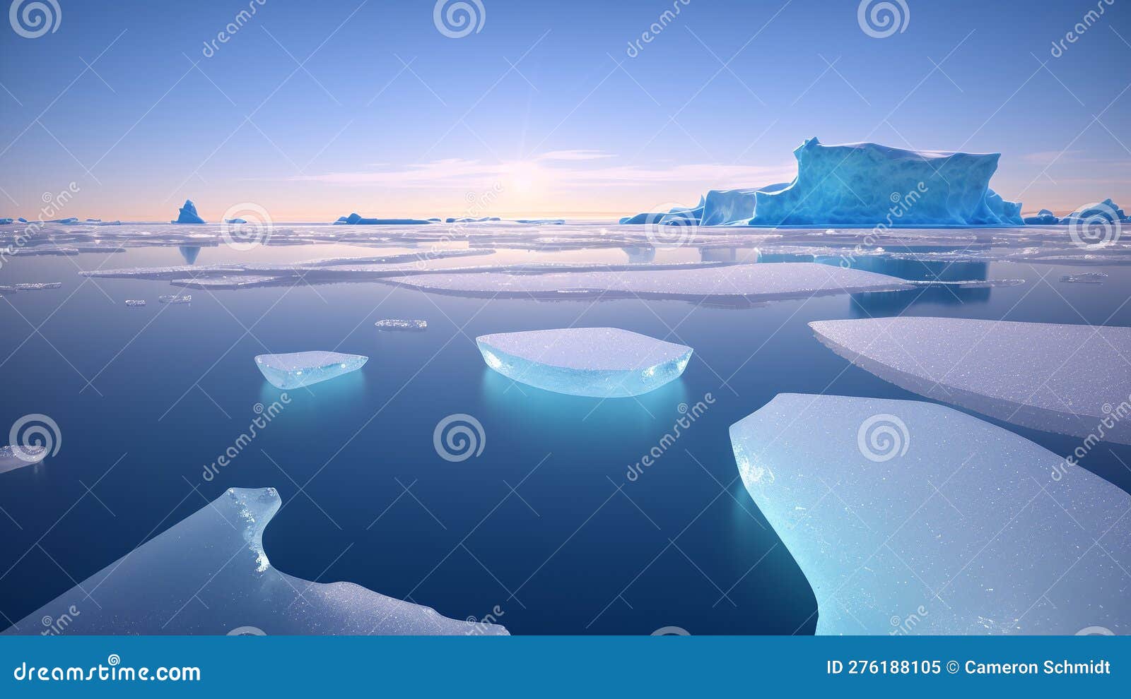 A Beautiful View of Icebergs Floating in the Ocean with a Sun Setting ...