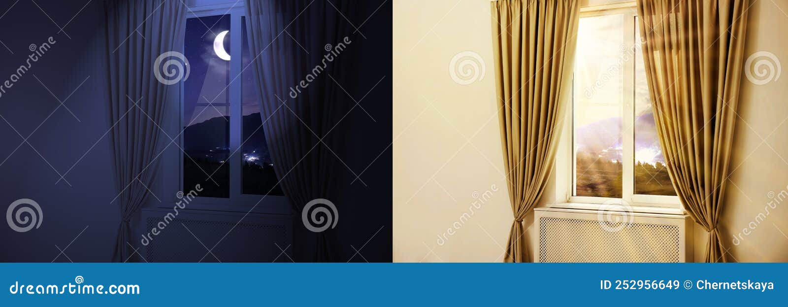 Beautiful View of Landscape through Windows in Day and Night, Collage ...