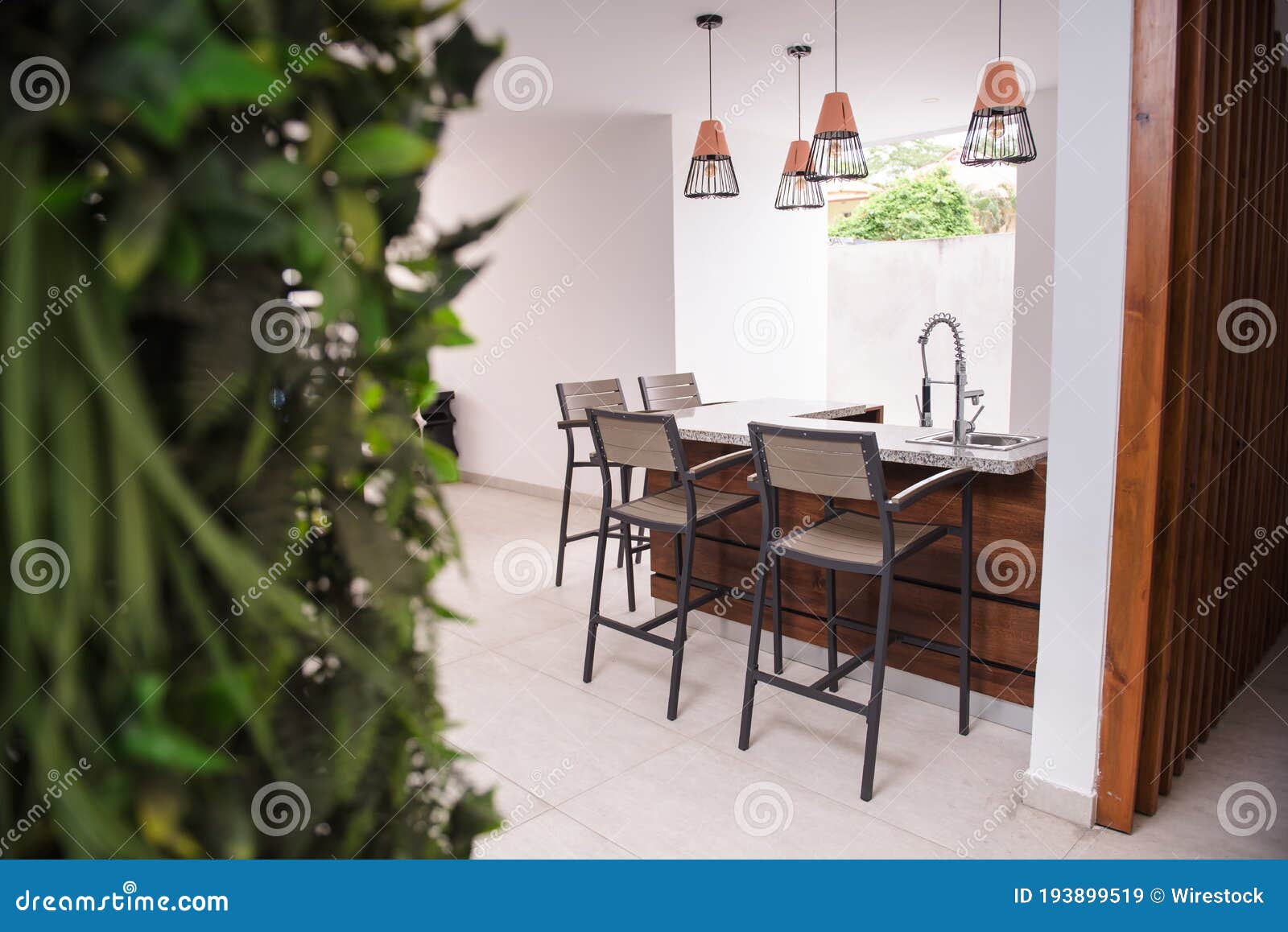 Beautiful View of a Modern Kitchen with Green Grass Decoration Stock ...